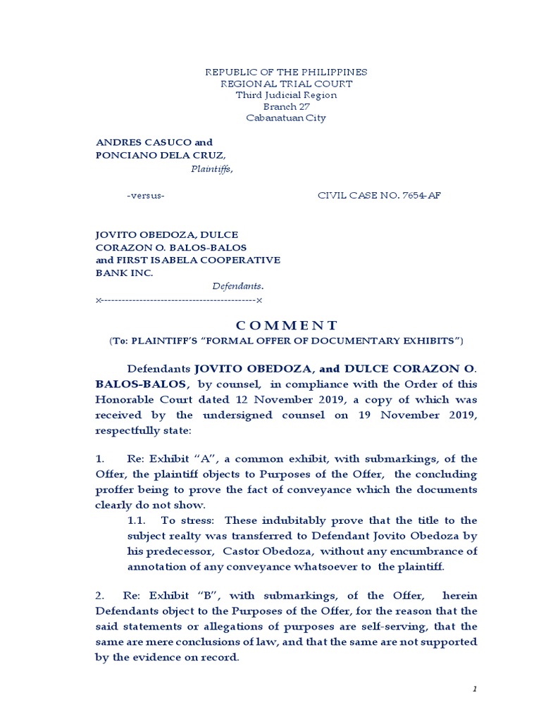 Comment To Formal Offer of Evidence | PDF | Evidence | Judiciaries