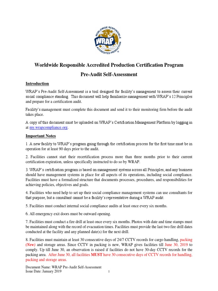 2019-01 WRAP Pre-Audit Self-Assessment English Fillable PROTECTED | PDF ...