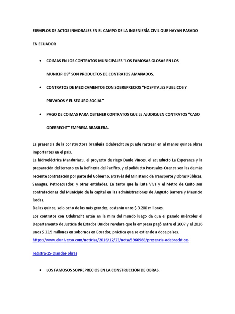 EJEMPLOS DE ACTOS INMORALES EN EL CAMPO DE LA INGENIERÌA CIVIL QUE ...