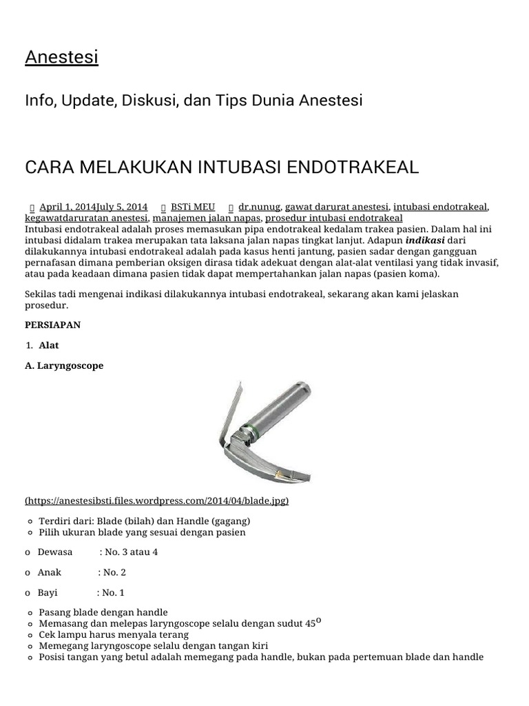 CARA MELAKUKAN INTUBASI ENDOTRAKEAL Anestesi | PDF