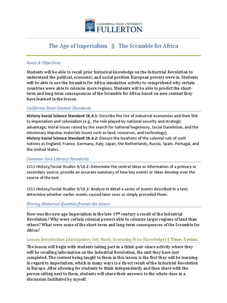 Scramble For Africa Lesson Plan | PDF | Imperialism | Colonialism