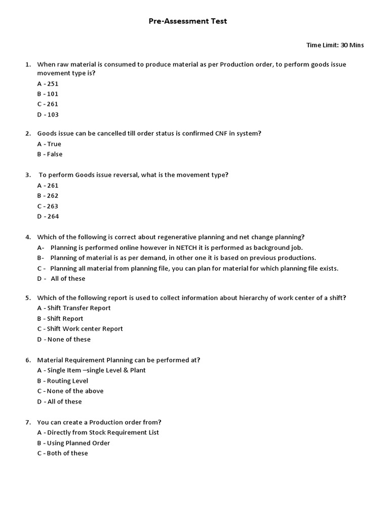 Pre-Assessment Test PP | PDF | Supply Chain Management | Business Economics