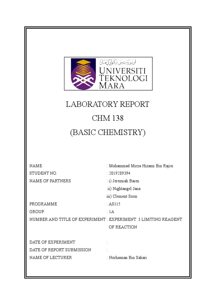 Experiment 3: Limiting Reagent Analysis | PDF | Stoichiometry | Sodium ...