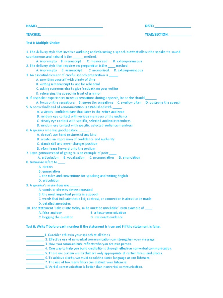 Public Speaking Test and Communication Skills | PDF | Nonverbal ...