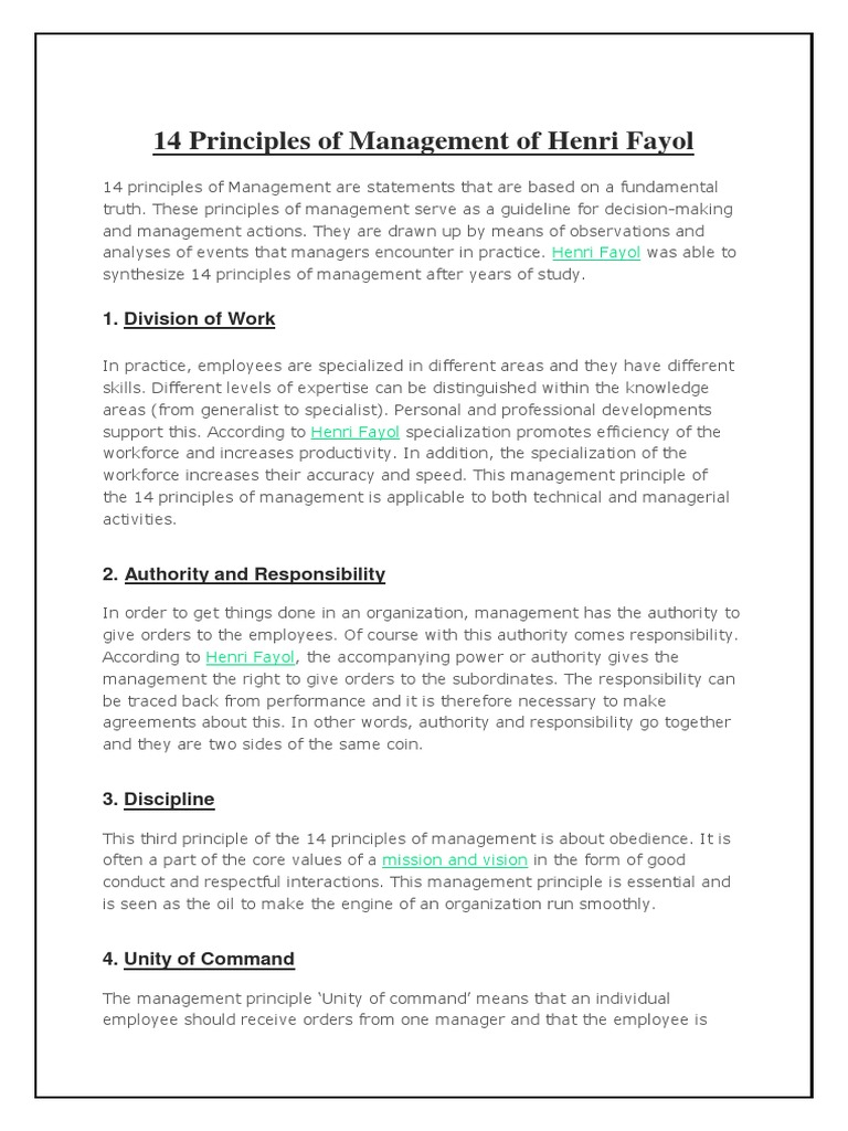 Fayol's 14 Principles of Management | PDF | Employment | Economies