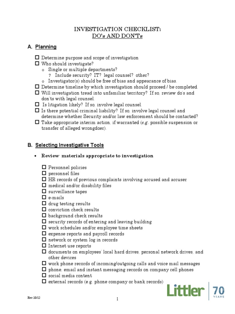 Workplace Investigation Checklist Guide | PDF | Witness | Interview