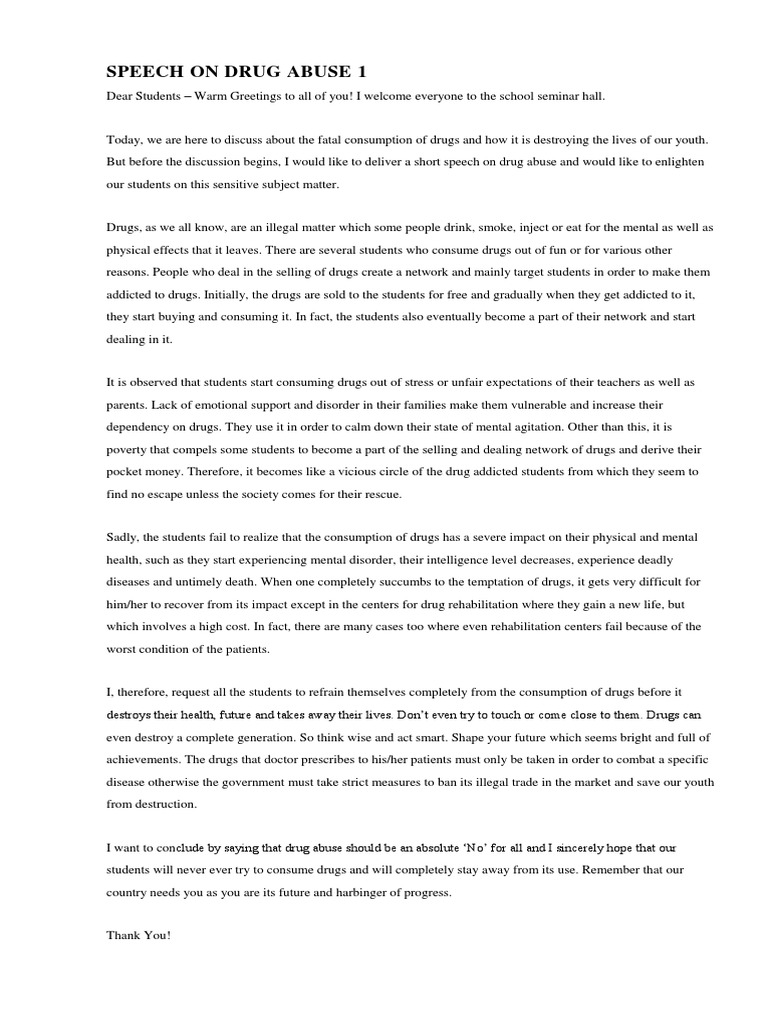 Speech On Drug Abuse 1 | PDF | Substance Abuse | Drug Rehabilitation