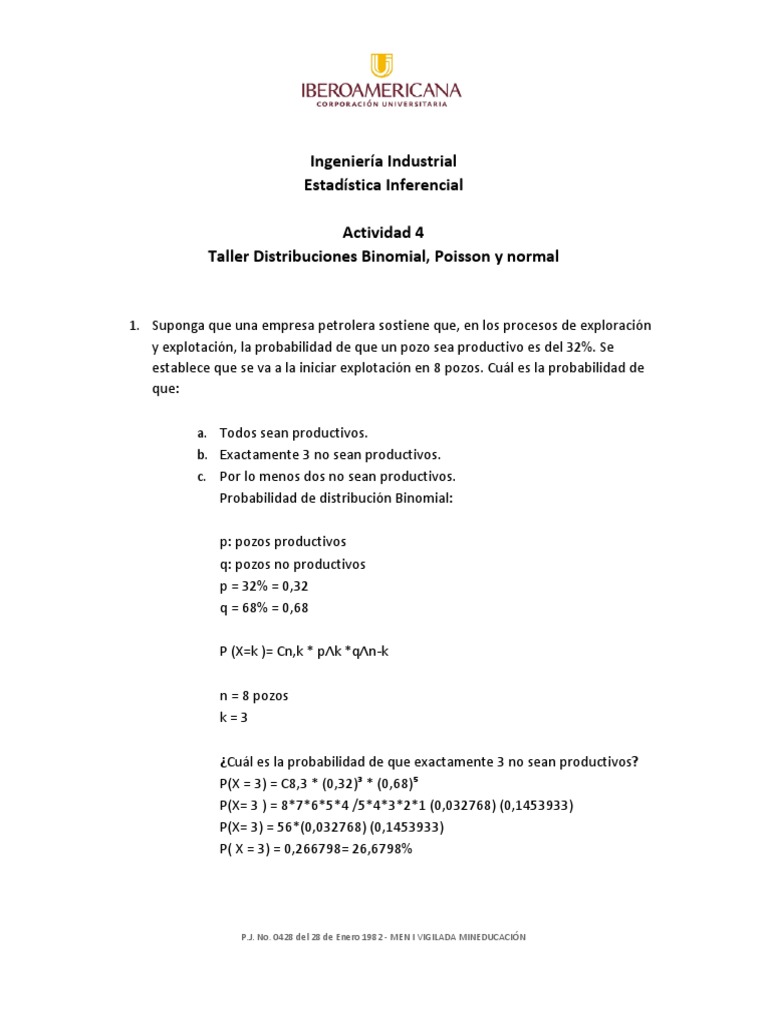Actividad 4. Distribuciones Binomial, Poisson y Normal | PDF | Distribución normal ...