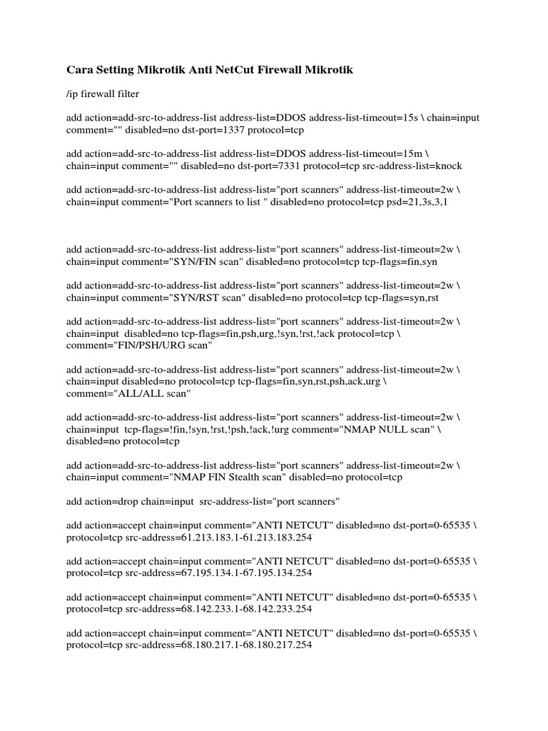 Cara Setting Mikrotik Anti NetCut Firewall Mikrotik | PDF | System ...