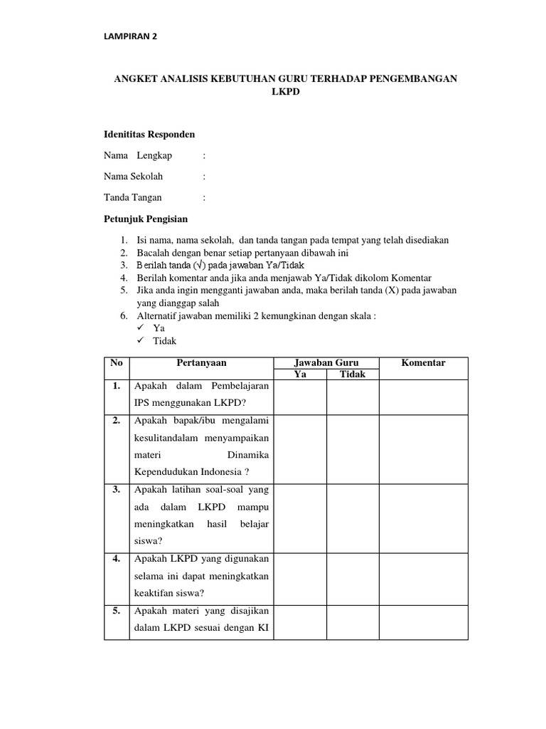 Lampiran 2 Angket Analisis Kebutuhan Guru Terhadap Pengembangan LKPD | PDF