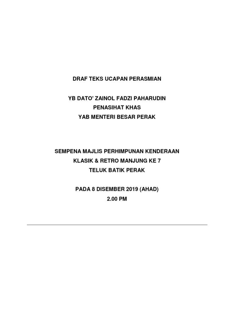 Teks Ucapan Perasmian Program Perhimpunan Kenderaan Klasik Manjung 2019 ...