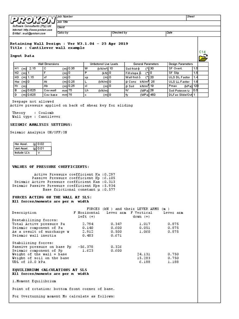 Retaining Wall Design Calculations | PDF | Torque | Force