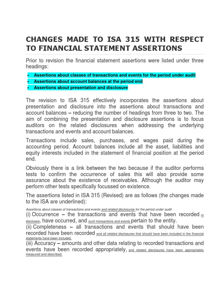 ISA 315 - MGT Assertions | PDF | Equity (Finance) | Financial Statement