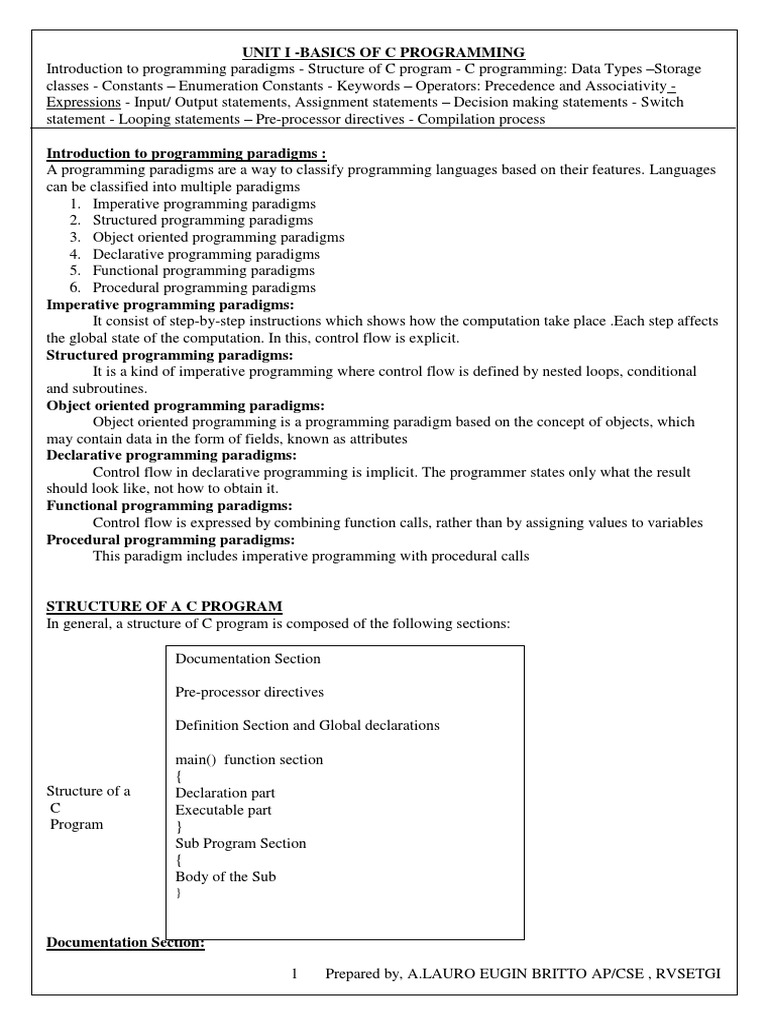 C Unit 1 Pdf Programming Paradigms Programming Language