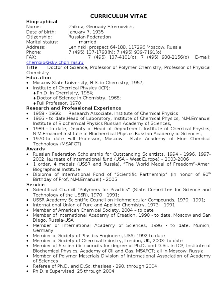 Zaikov CV | PDF | Polymers | Doctor Of Philosophy
