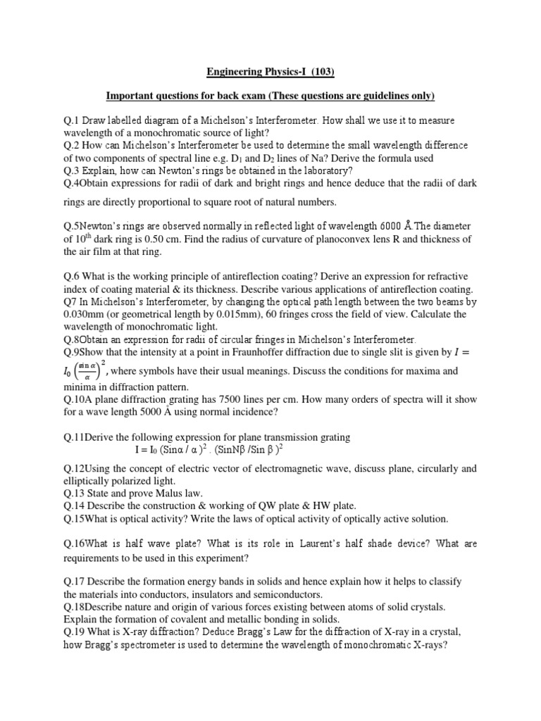 Imp. Ques Physics-I | PDF | Diffraction | Interferometry