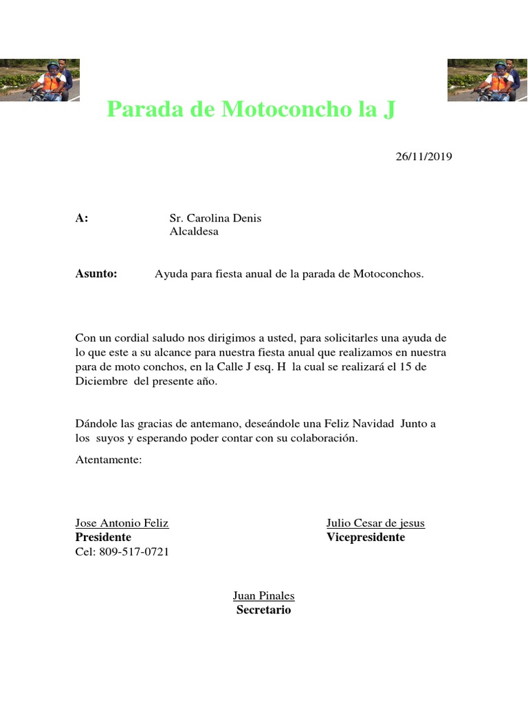 Solicitud de apoyo para fiesta motoconchos | PDF
