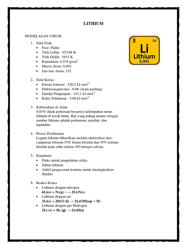 Sifat dan Kegunaan Unsur Lithium | PDF