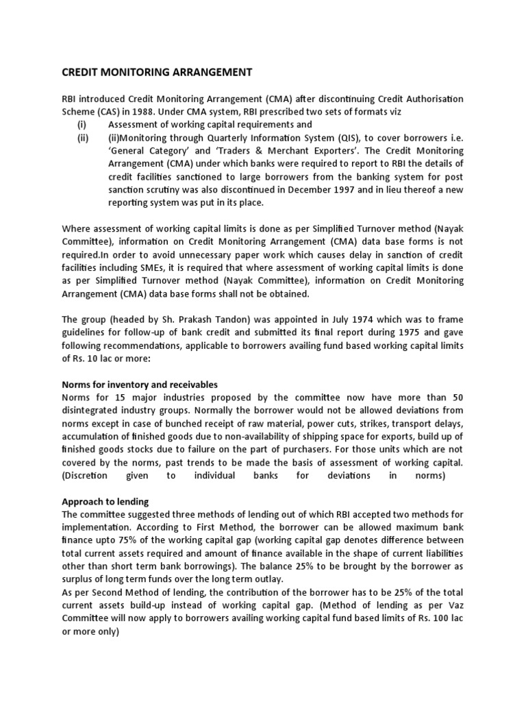 Credit Monitoring Arrangement Overview | PDF | Banks | Working Capital