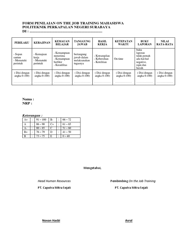 Form Penilaian On The Job Training Mahasiswa | PDF