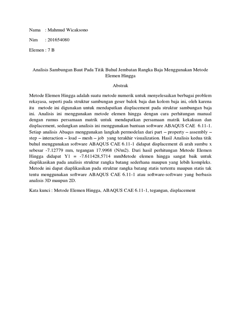 Analisis Sambungan Baut Pada Titik Buhul Jembatan Rangka Baja Menggunakan Metode Elemen Hingga ...