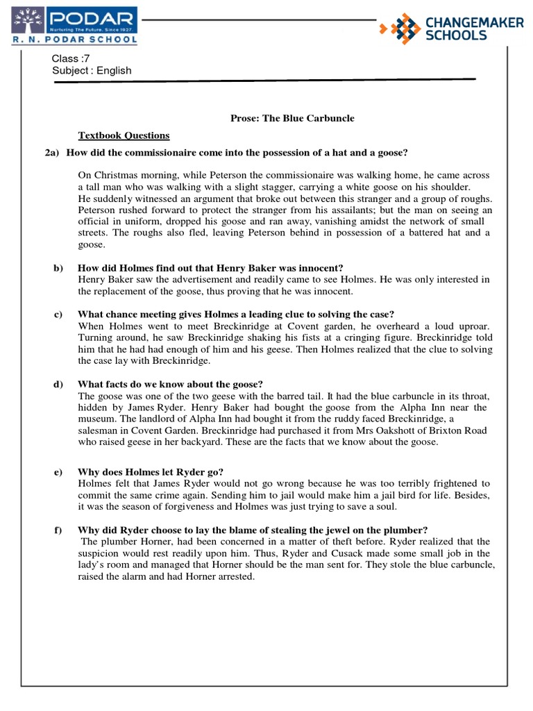 Grade 7 Prose The Blue Carbuncle PDF | PDF | Violence