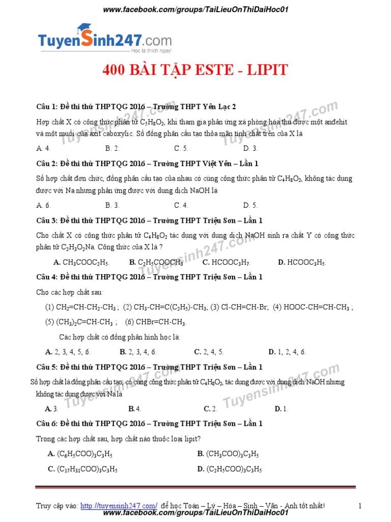 400 Bài tập về chuyên đề este-lipit | PDF