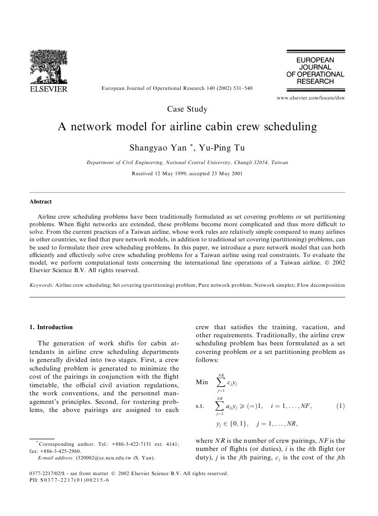 A Network Model for Airline Cabin Crew Scheduling: A Case Study on Using a Pure Network Model to ...