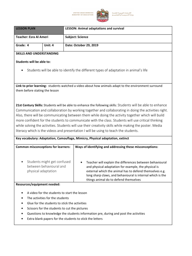 Science Lesson Plan 1 | Download Free PDF | Adaptation | Lesson Plan