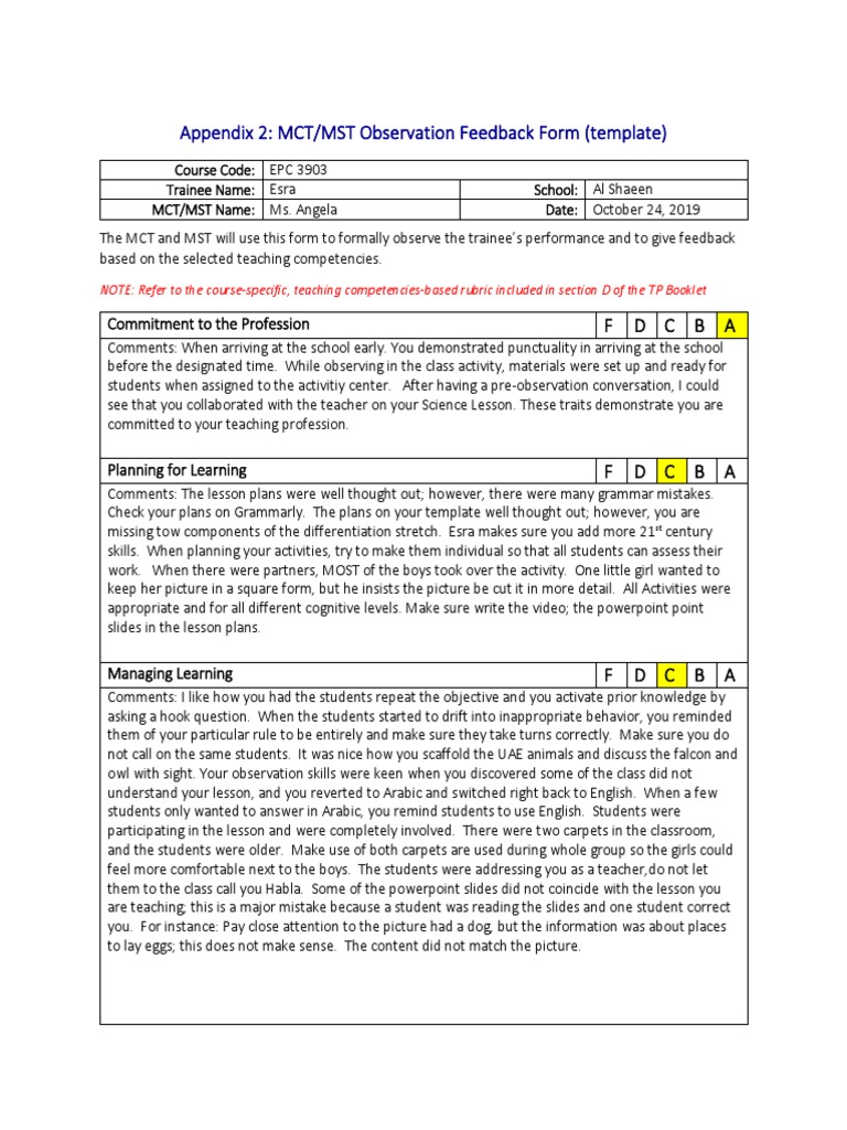 MCT Observation Form Esra 1 | PDF | Classroom | Microsoft Power Point