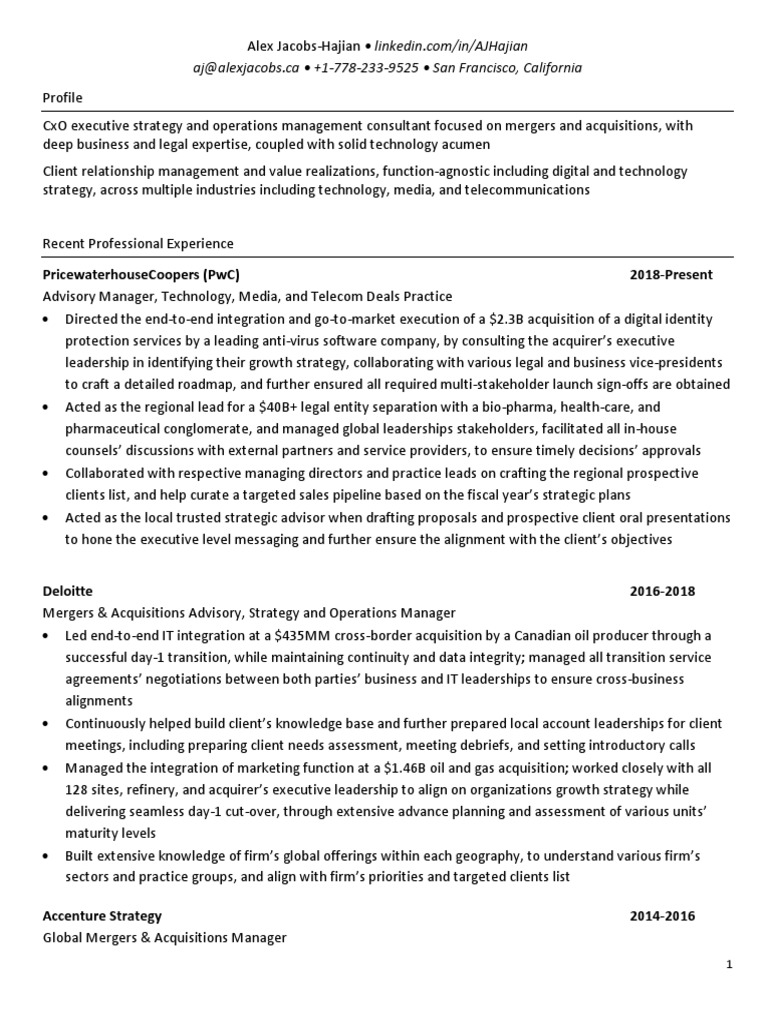 Alex Jacobs-Hajian: M&A Expert Profile | PDF | Pricewaterhouse Coopers ...