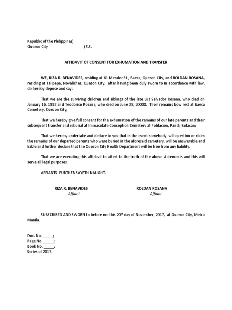 Affidavit of Consent For Exhumation and Transfer | PDF