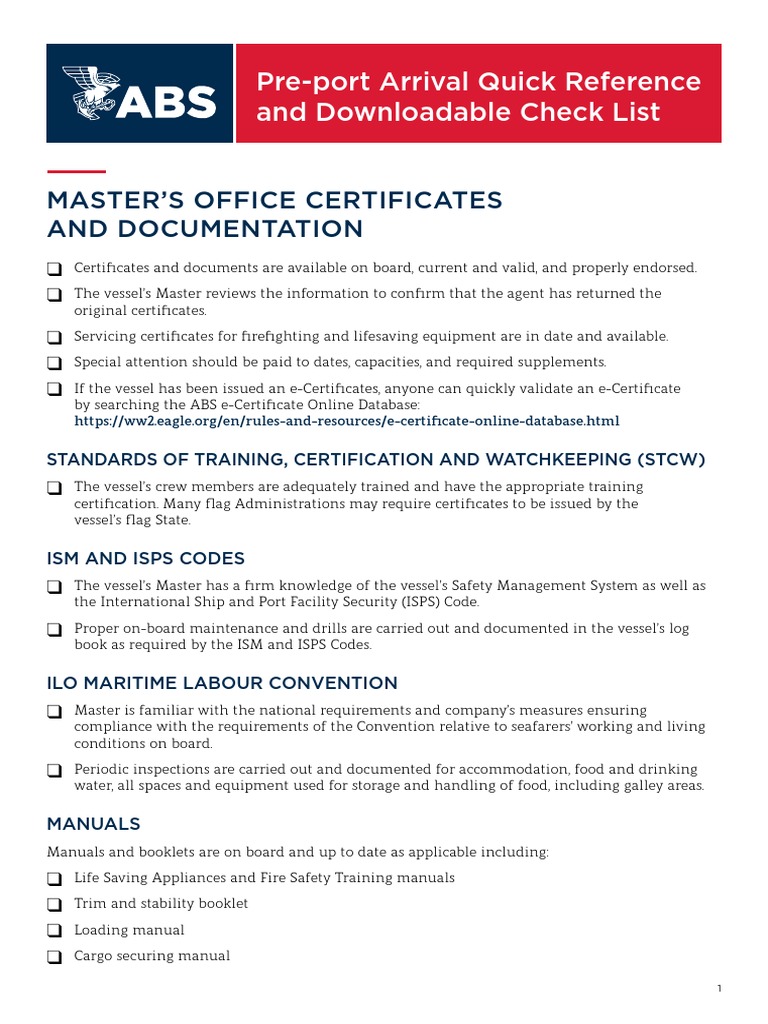 Pre Port Arrival Quick Reference and Downloadable Check List 18270 A4 ...