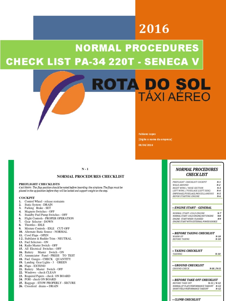 Normal Procedures Checklist RTS Seneca V 2016 13062016 PDF | PDF ...