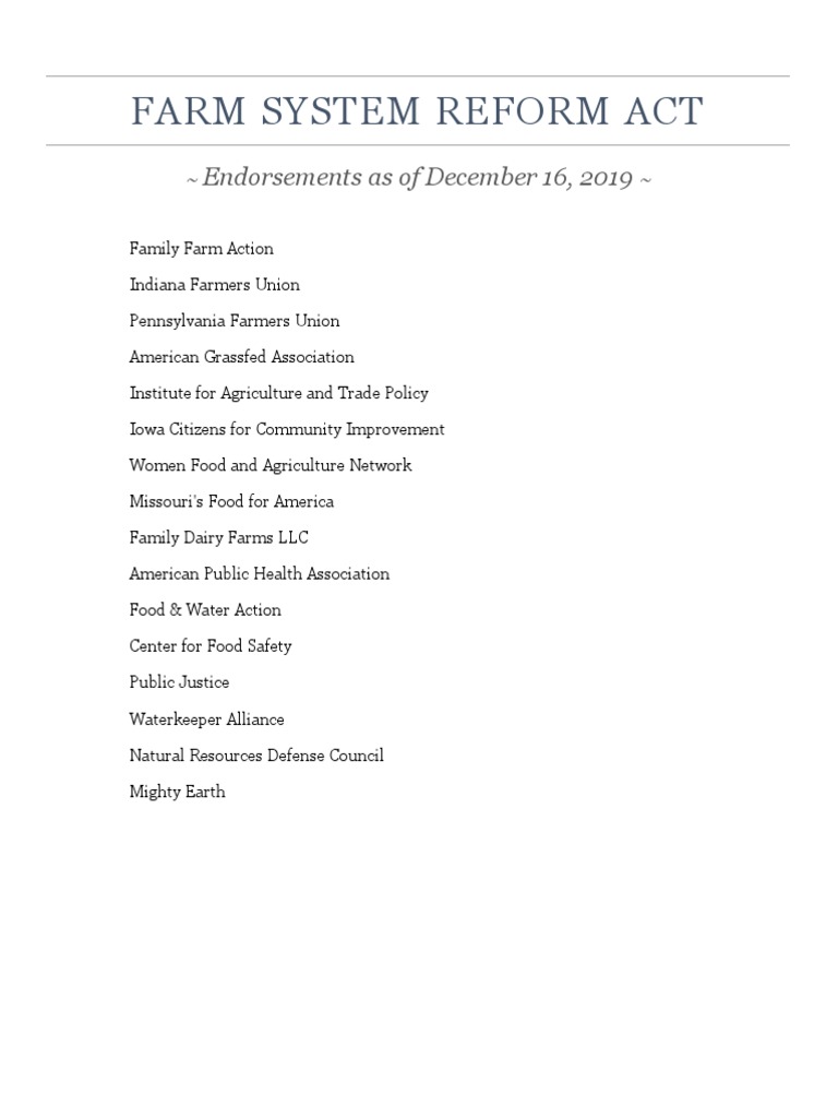 Endorsements for Farm System Reform Act | PDF