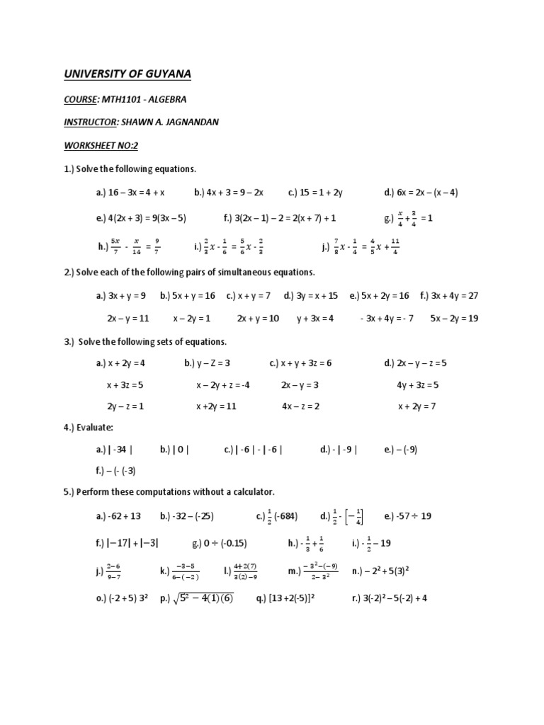 MTH1101 Worksheet 2 | PDF | Complex Number | Equations