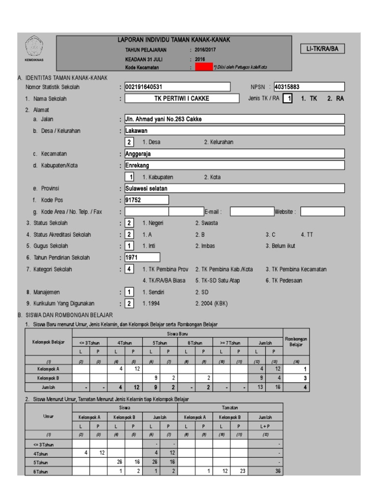 Laporan TK Pertiwi Tahun 2011/2012 | PDF