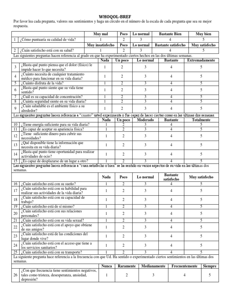 Whoqol Bref | PDF | Ciencias del comportamiento | Sicología