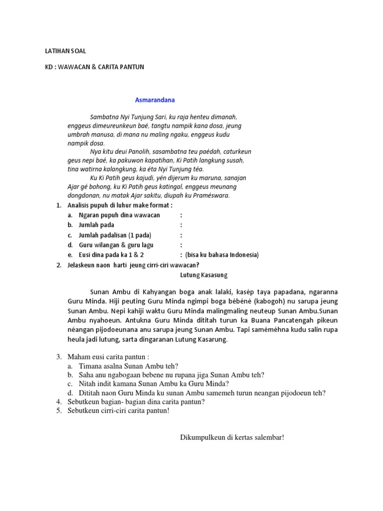 Latihan Soal Wawacan & Carita Pantun (Basa Sunda) | PDF