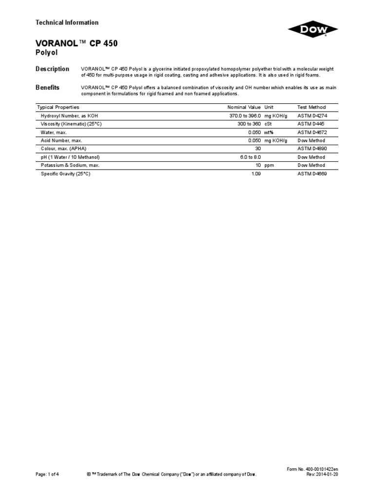 Polyol 350 (Voranol CP 450) Dow TDS | PDF | Chemistry | Materials