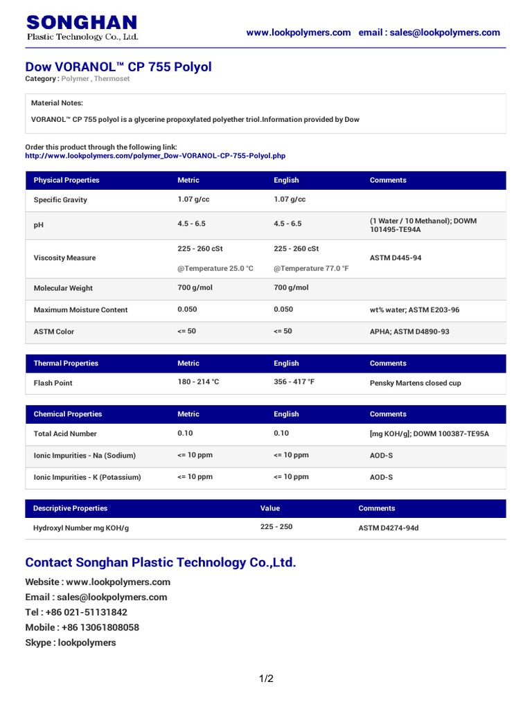 Polyol 700 (Voranol CP755) Dow TDS | PDF | Viscosity | Potassium