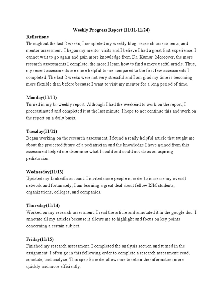 Bi-Weekly Progress Report 11 25 | PDF | Mentorship | Psychological Concepts