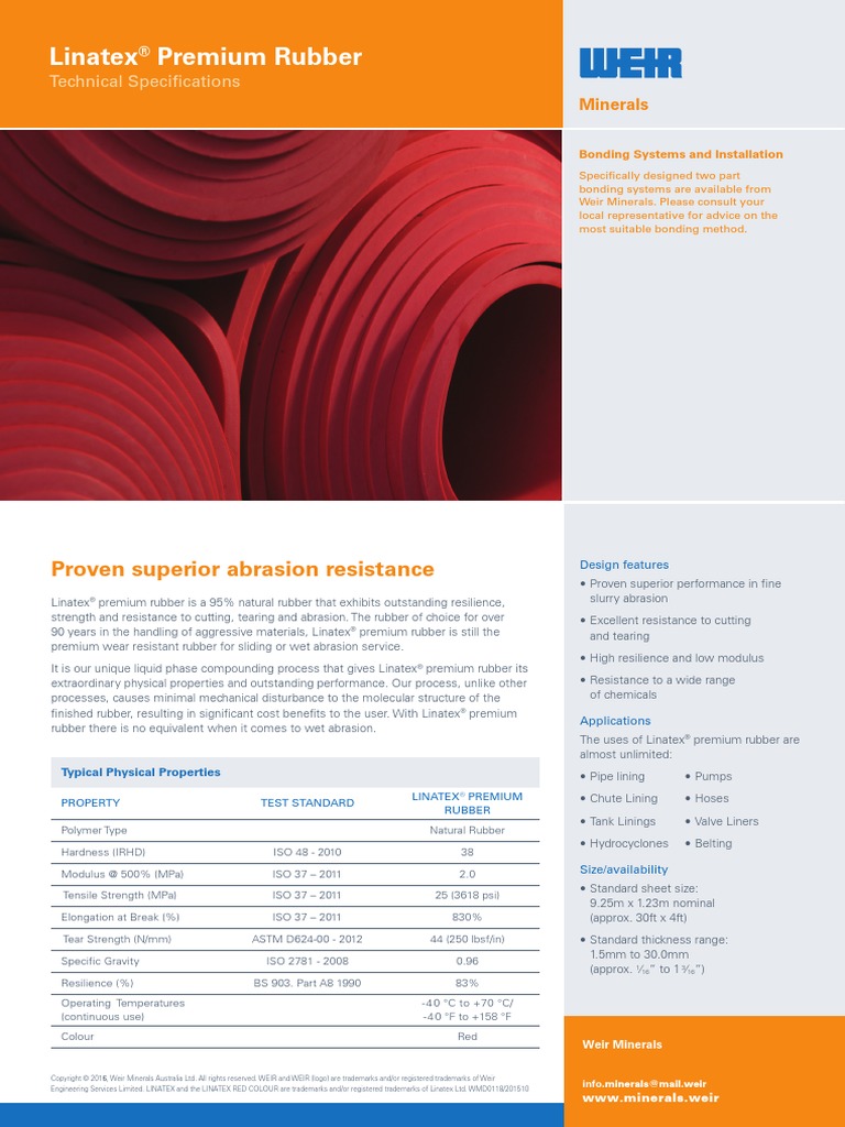 Linatex Premium Rubber Spec Sheet | PDF | Natural Rubber | Wear