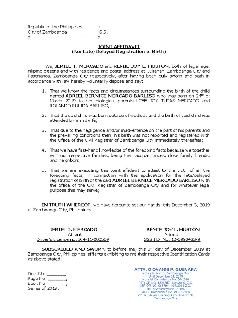 Affidavit of Two Disinterested Person - Delayed Registration 2 | PDF ...