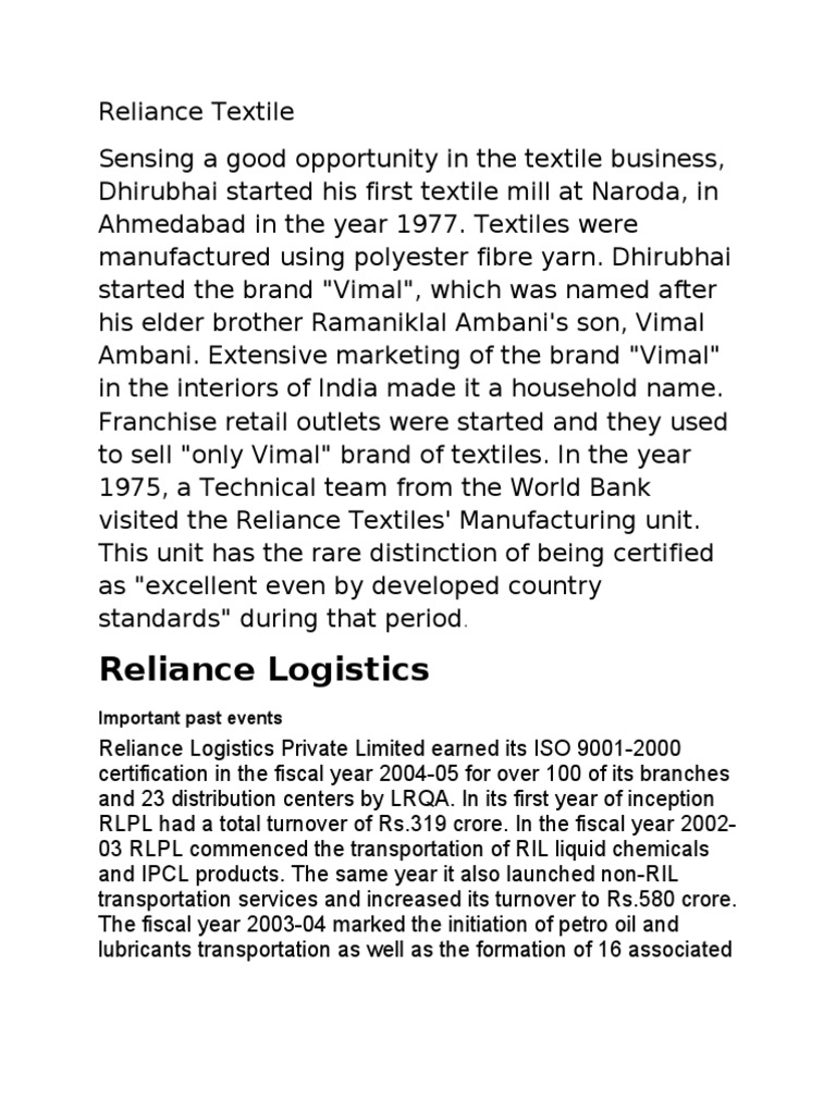 Reliance Textile | PDF | Mergers And Acquisitions | Companies