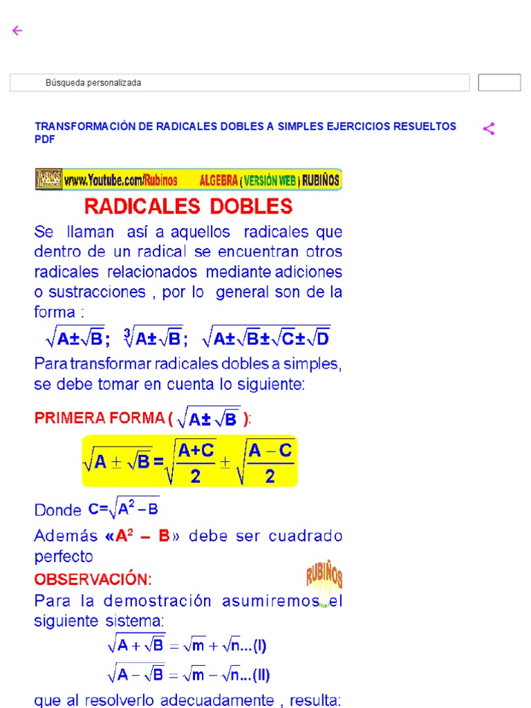 Transformación de Radicales Dobles A Simples Ejercicios Resueltos PDF | PDF