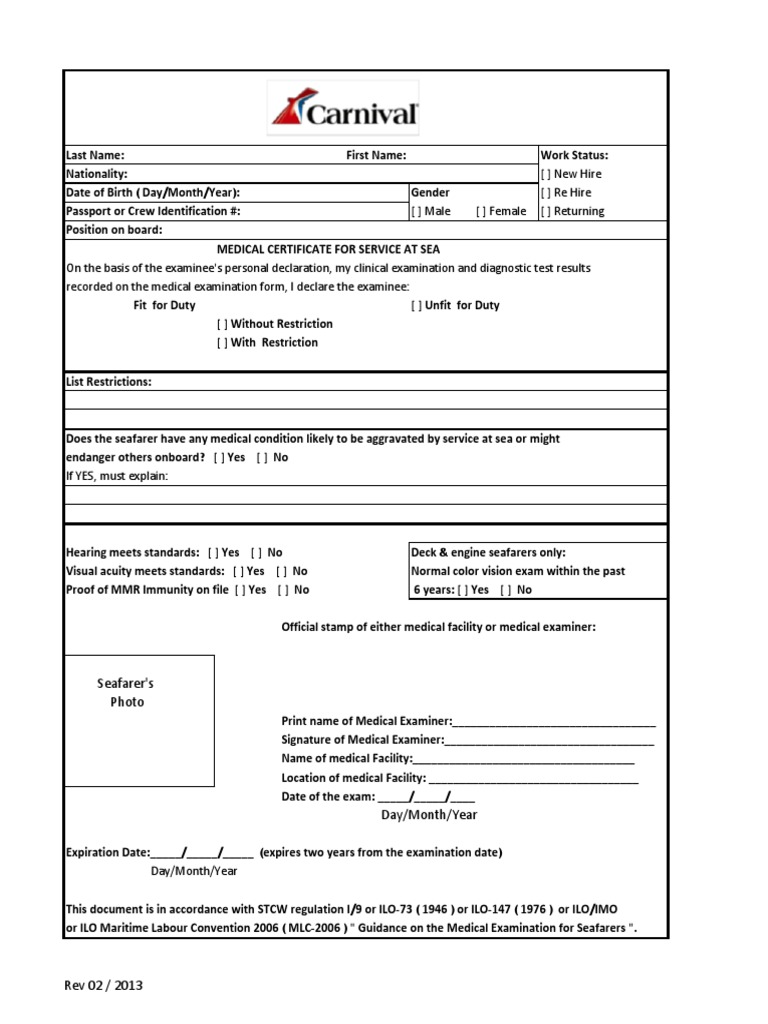 CCL Medical Certificate For Service at Sea Addendum P | PDF