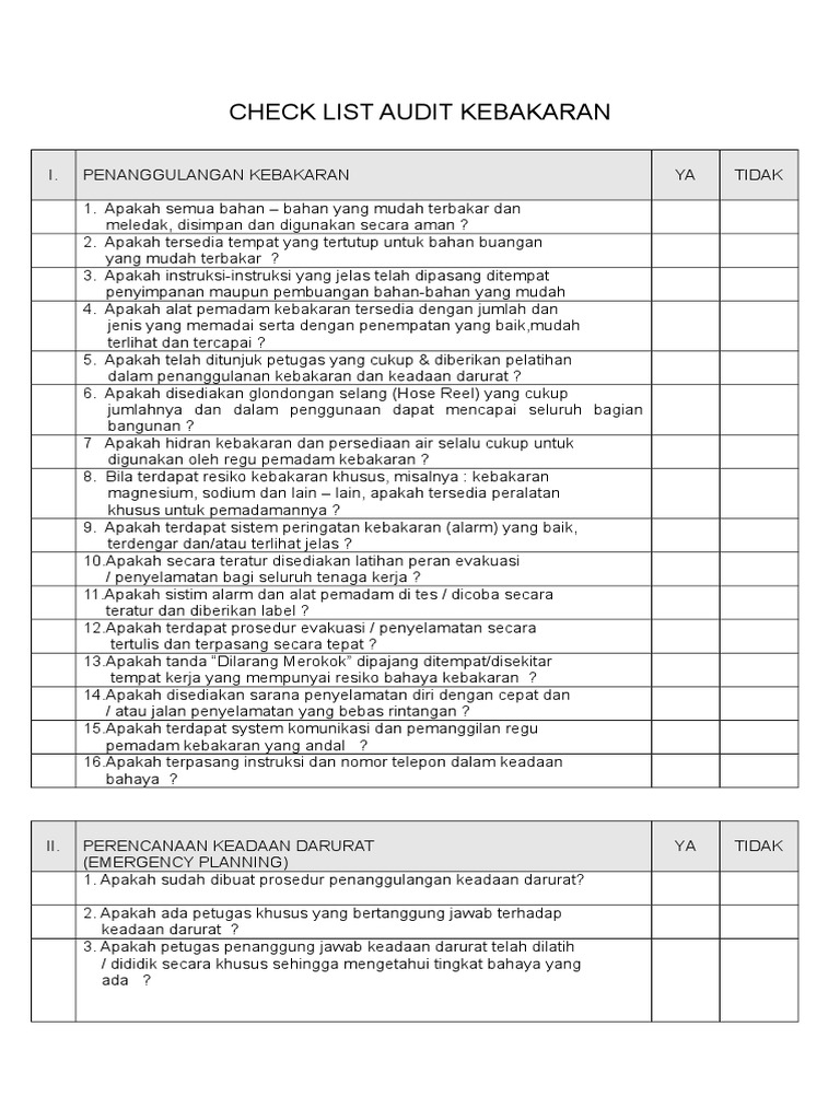 Checklist Audit Kebakaran | PDF