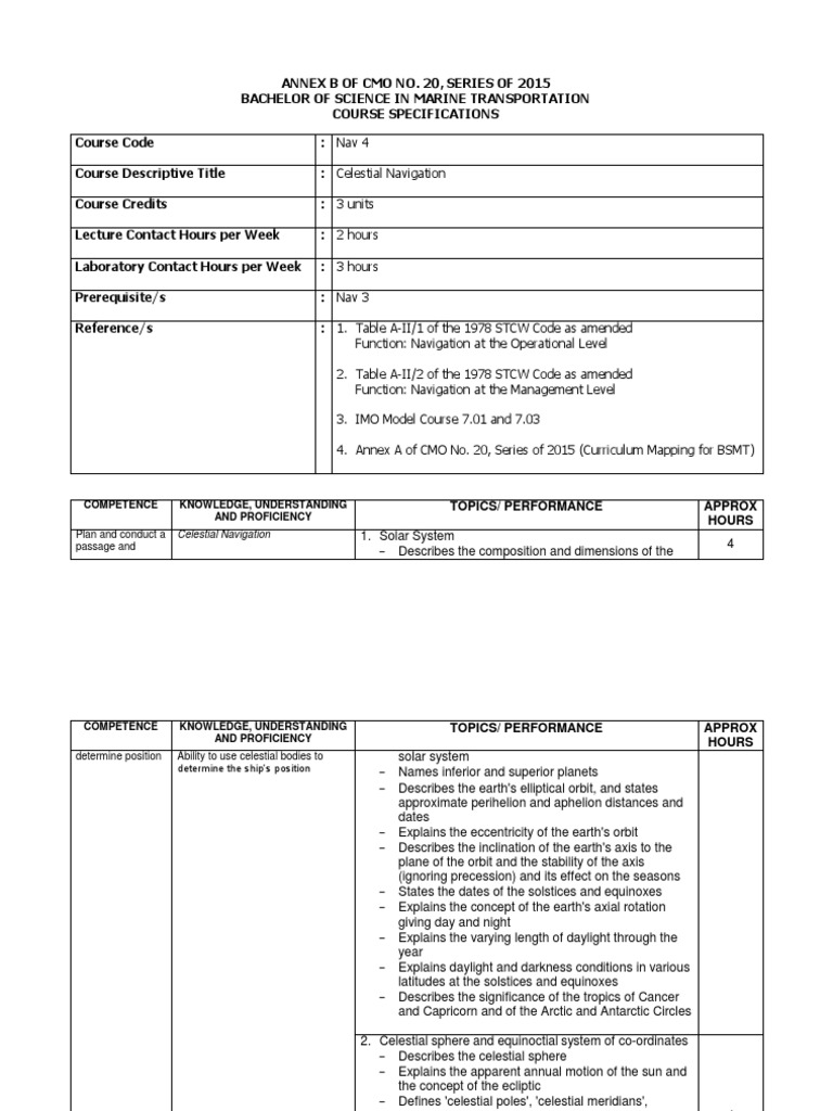 Annex B BSMT Course Specifications For Celestial Navigation | PDF ...