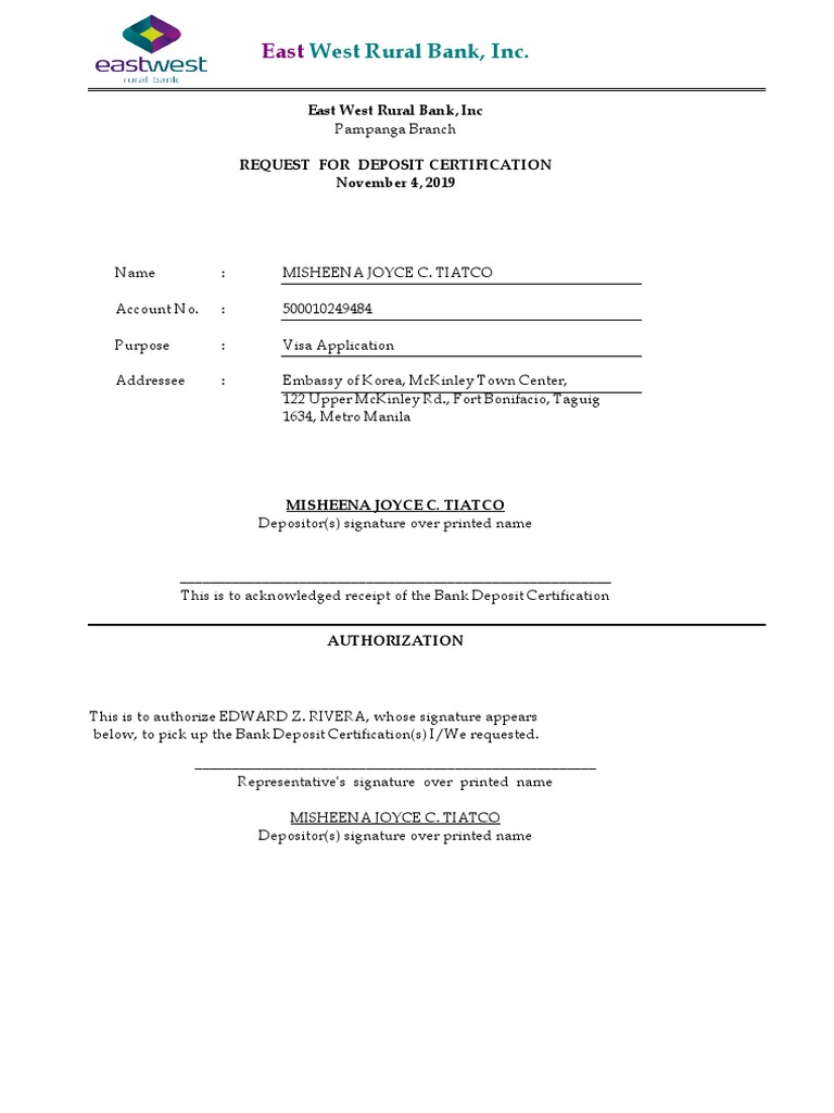 Bank Certification Request Form | PDF | Money | Corporations